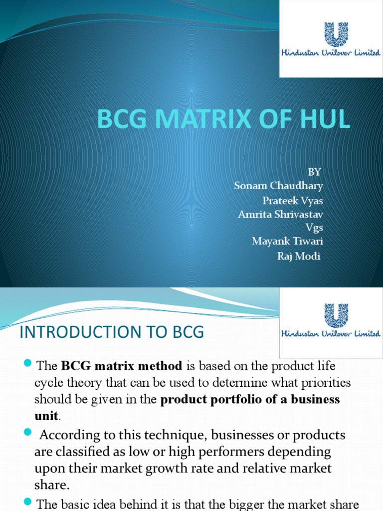 BCG Matrix of Hul: BY Sonam Chaudhary Prateek Vyas Amrita Shrivastav ...