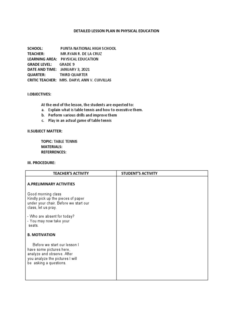Grade 9 Table Tennis Lesson Plan | PDF | Table Tennis | Athletic Sports