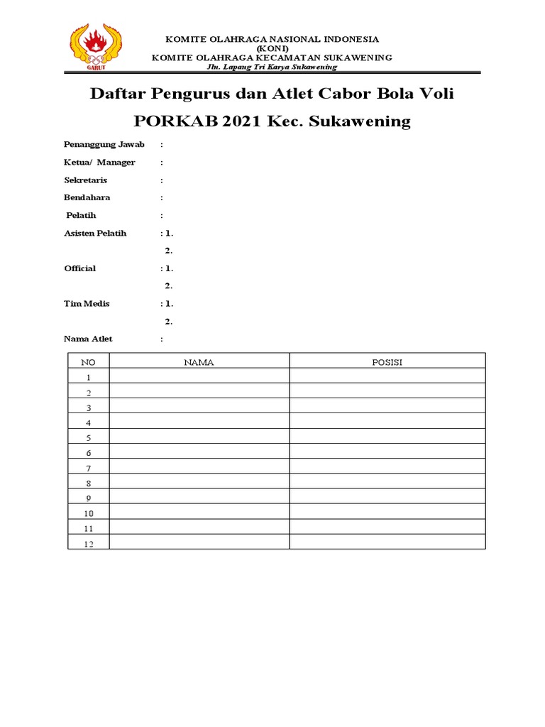 Daftar Pengurus Cabor PORKAB | PDF