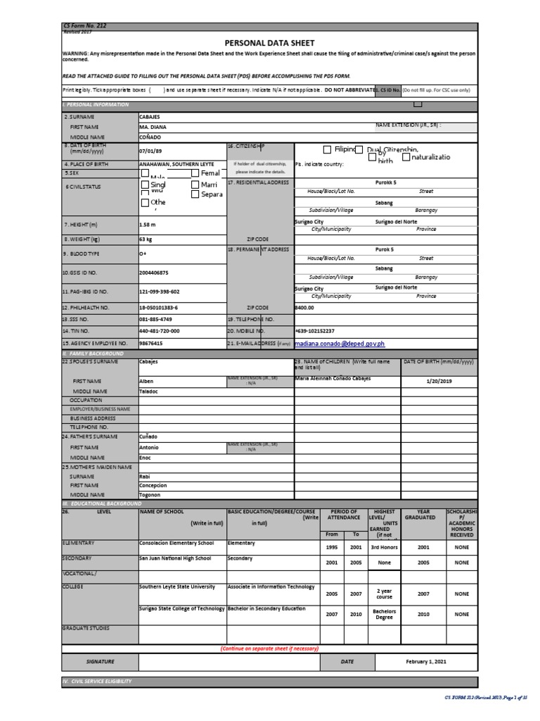 Personal Data Sheet CS Form 212 Guide | PDF | Gender And Development ...