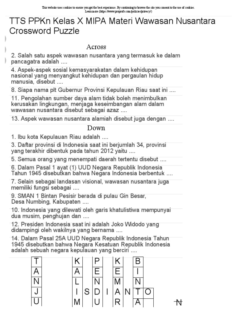 TTS PPKN Kelas X MIPA Materi Wawasan Nusantara - ProProfs Crossword ...