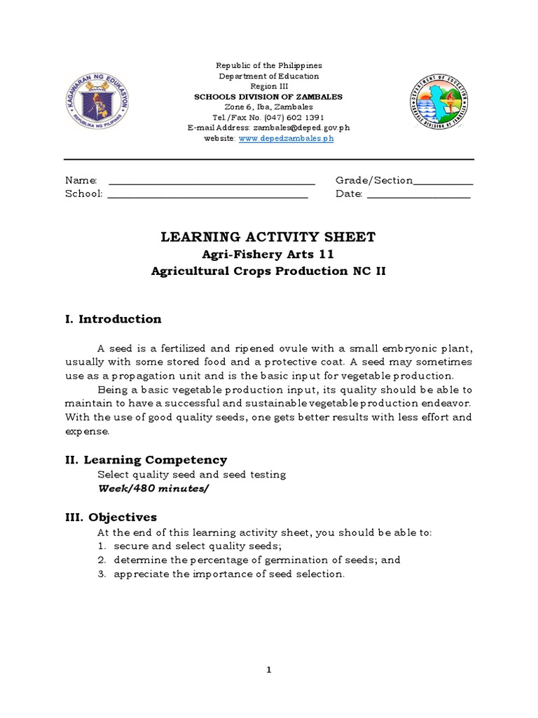 Learning Activity Sheet: Agri-Fishery Arts 11 Agricultural Crops ...
