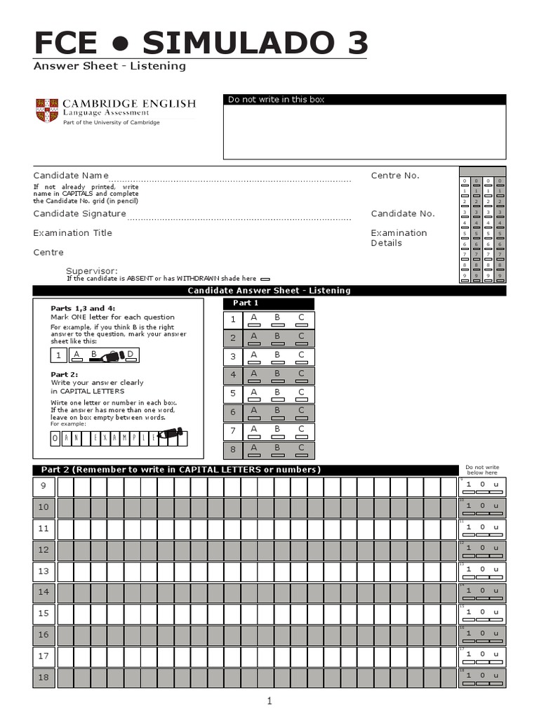 Fce Mock Test 3 - Answer Sheet For Students - Listening | PDF
