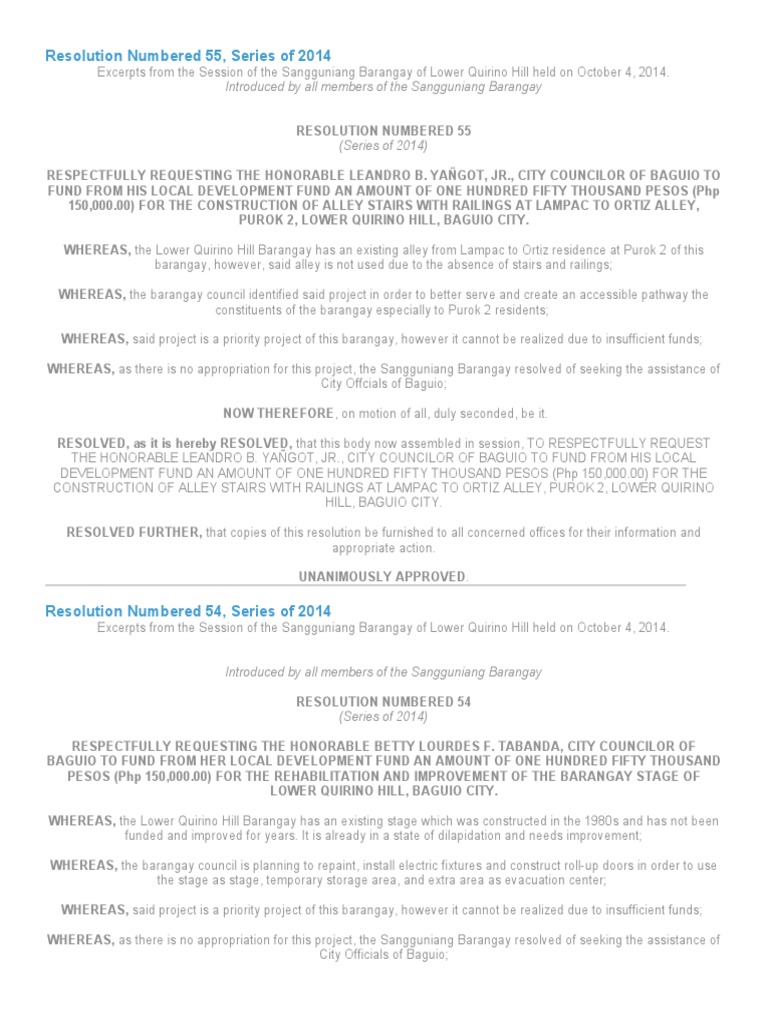 Resolution Numbered 55, Series of 2014: Introduced by All Members of ...