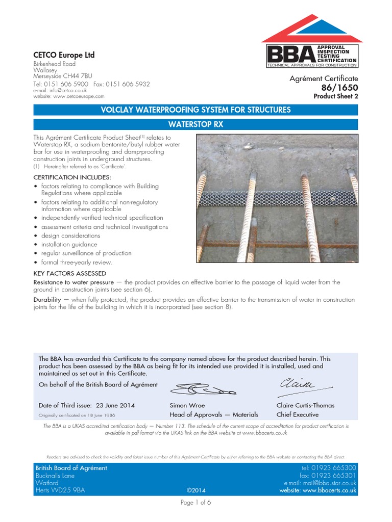 BBA Approval Waterstop RX | PDF | Concrete | Civil Engineering