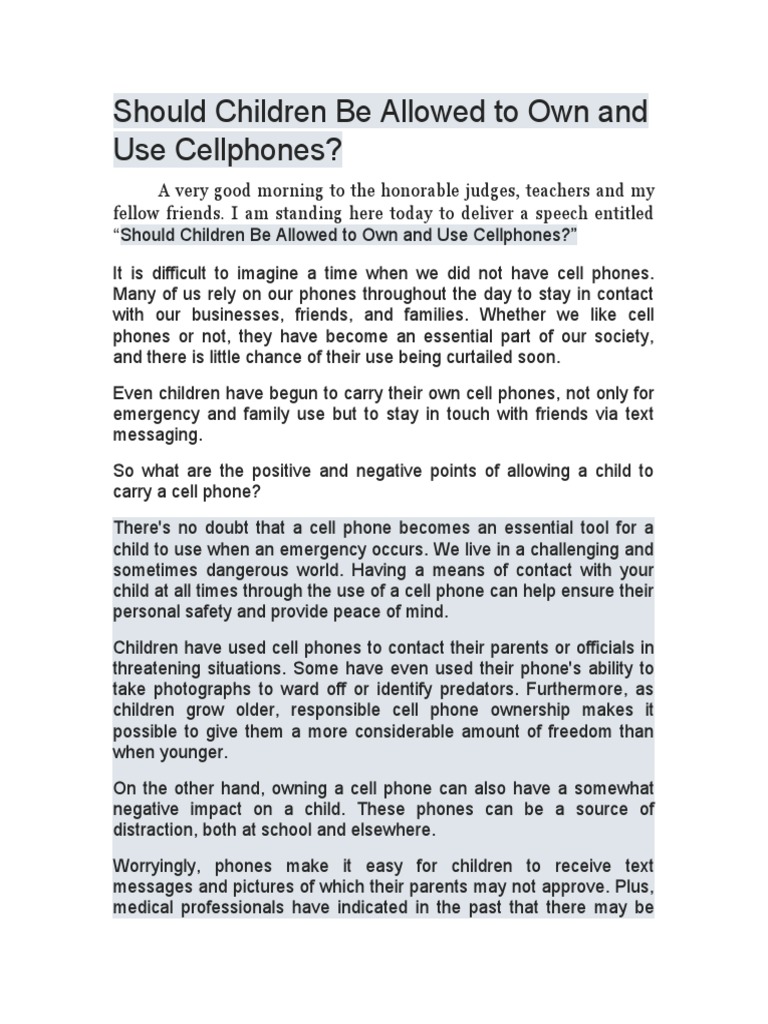 Should Children Be Allowed To Own and Use Cellphones | PDF | Mobile ...
