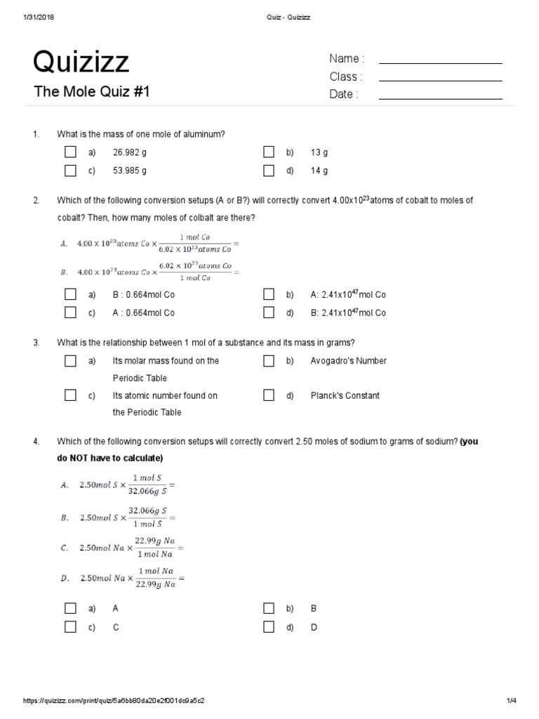 Quizizz: The Mole Quiz #1 | PDF | Mole (Unit) | Quantity
