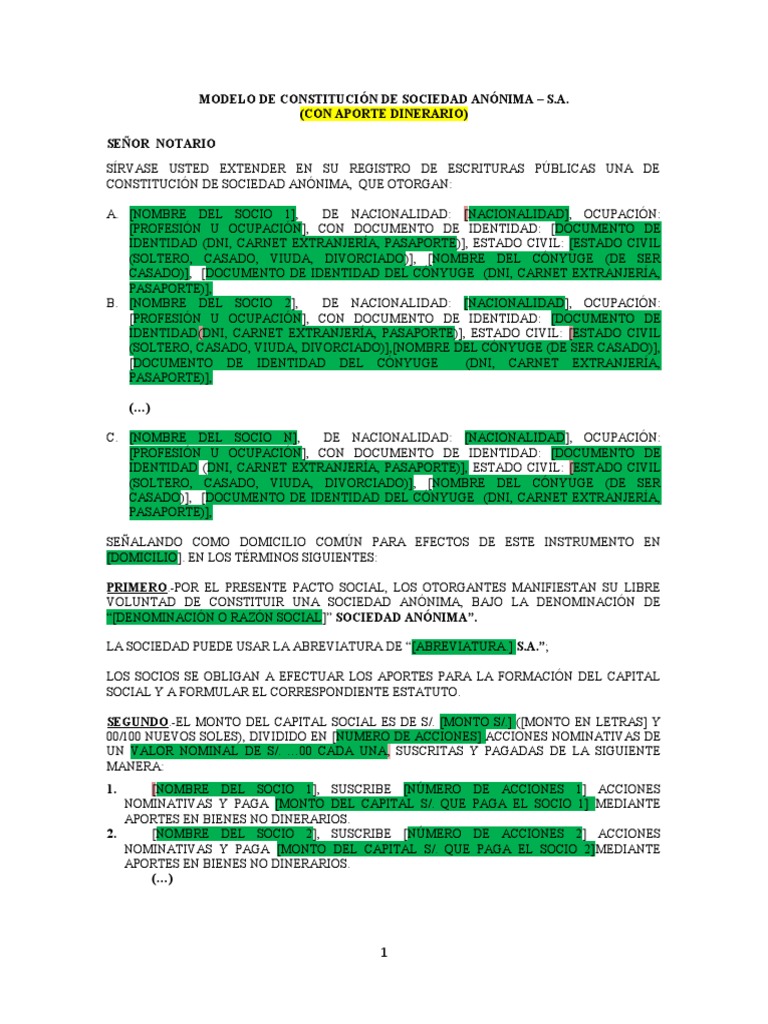 4.-Modelo de Minuta Constitución de Sociedad Anónima - S.A. Con Aporte Dinerario | PDF ...