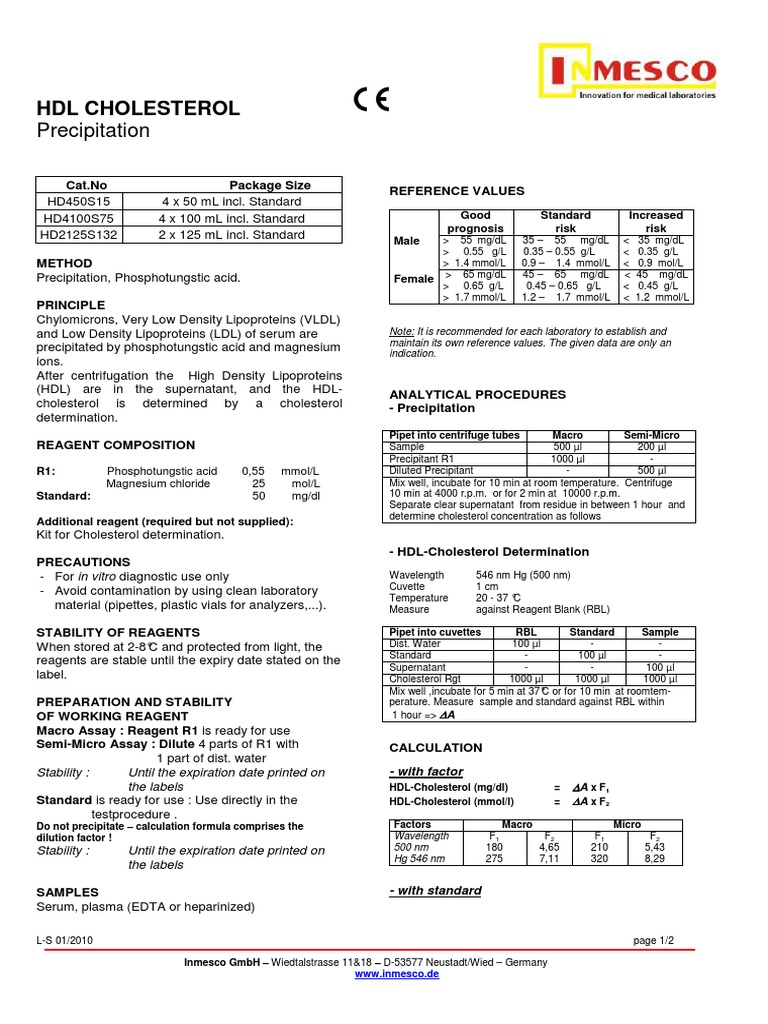 HDL Cholesterol Precipitation Kit Guide | PDF | High Density ...