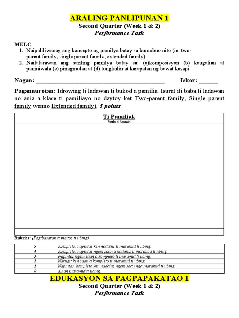 Grade 1 Quarter 2 Performace Task Week 1-2 With TOS and Rubrics | PDF