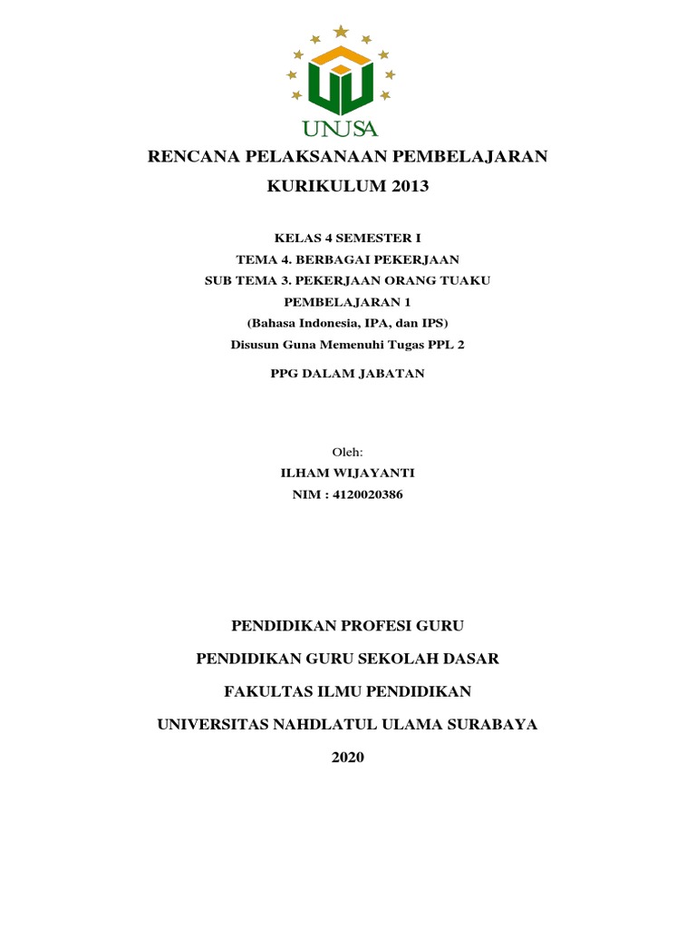 RPP - PPL 2 - Kelas 4 - Tema 4 - Subtema3 - P1 - Ilham Wijayanti | PDF