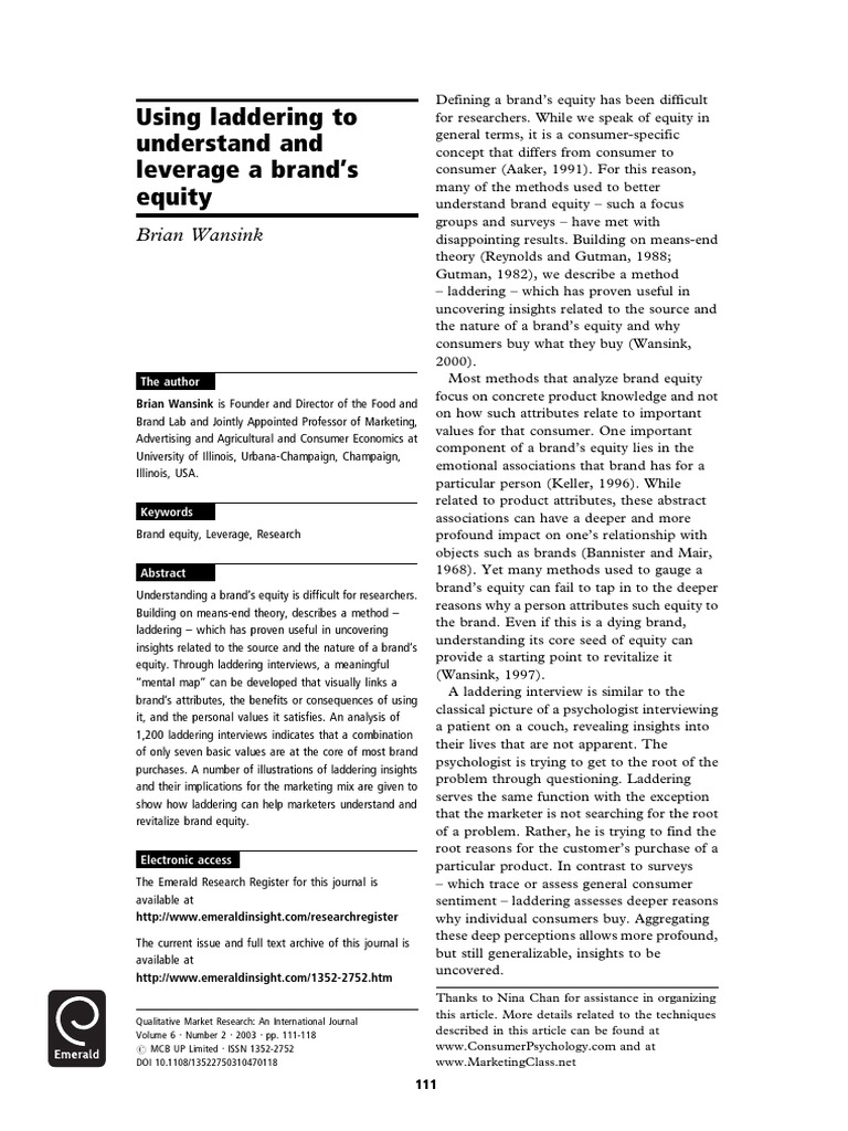 Using Laddering To Understand and Leverage A Brand Equity Wansink and ...