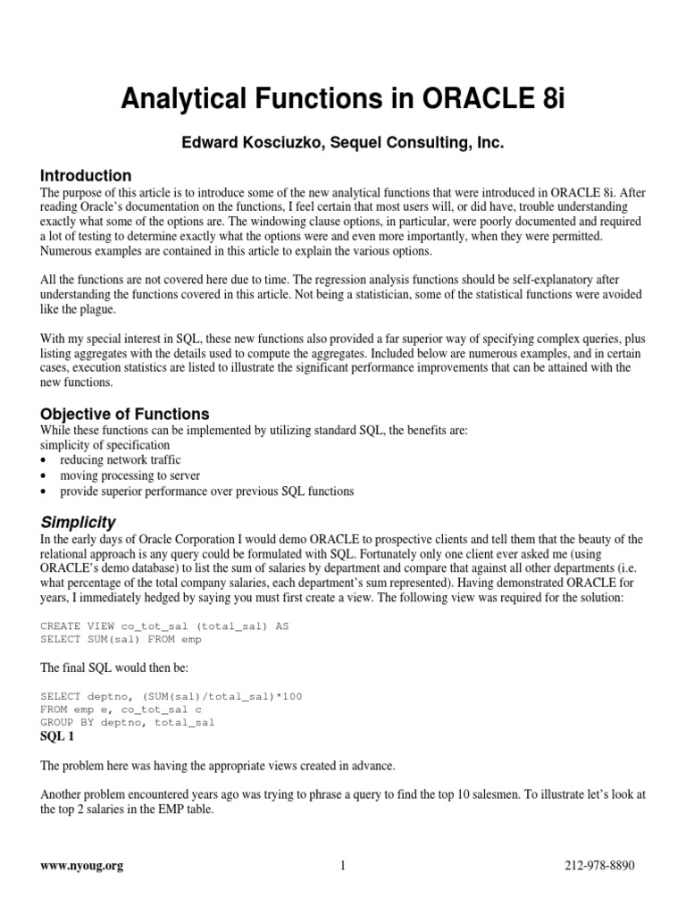 Oracle Analytical Functions 1 Pdf Data Management Software Databases