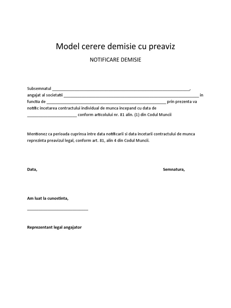 Model Cerere Demisie Cu Preaviz | PDF