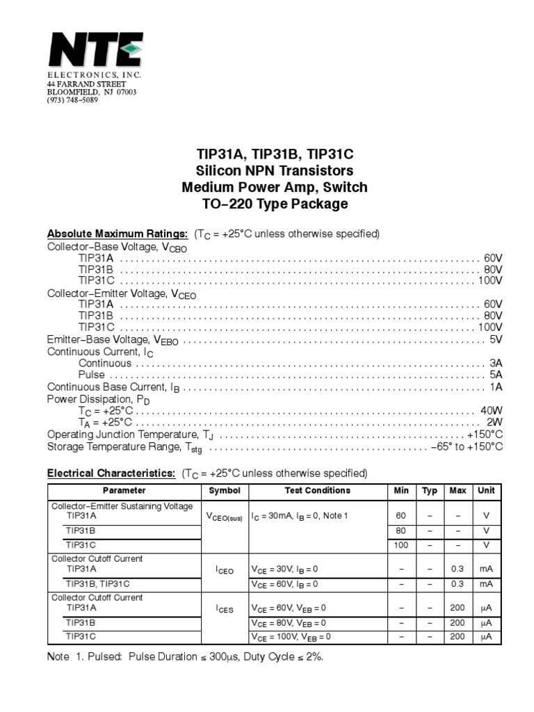 TIP31A, TIP31B, TIP31C Silicon NPN Transistors Medium Power Amp, Switch ...