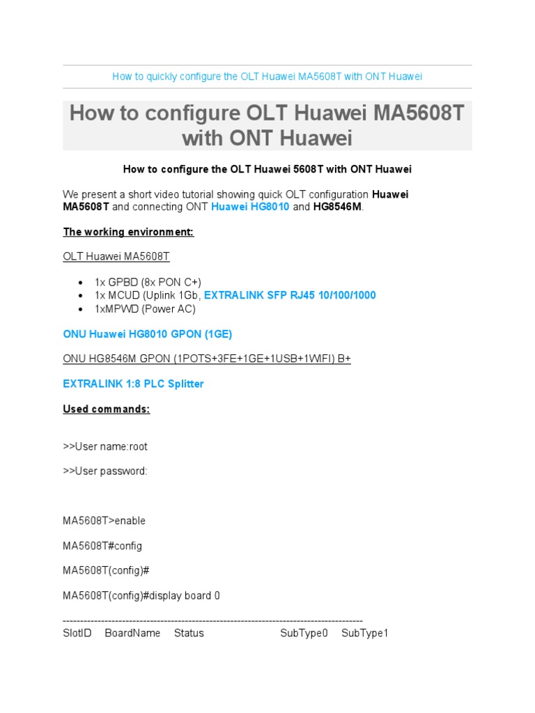 Huawei MA5608T OLT Quick Setup Guide | PDF | Network Protocols | Network Architecture