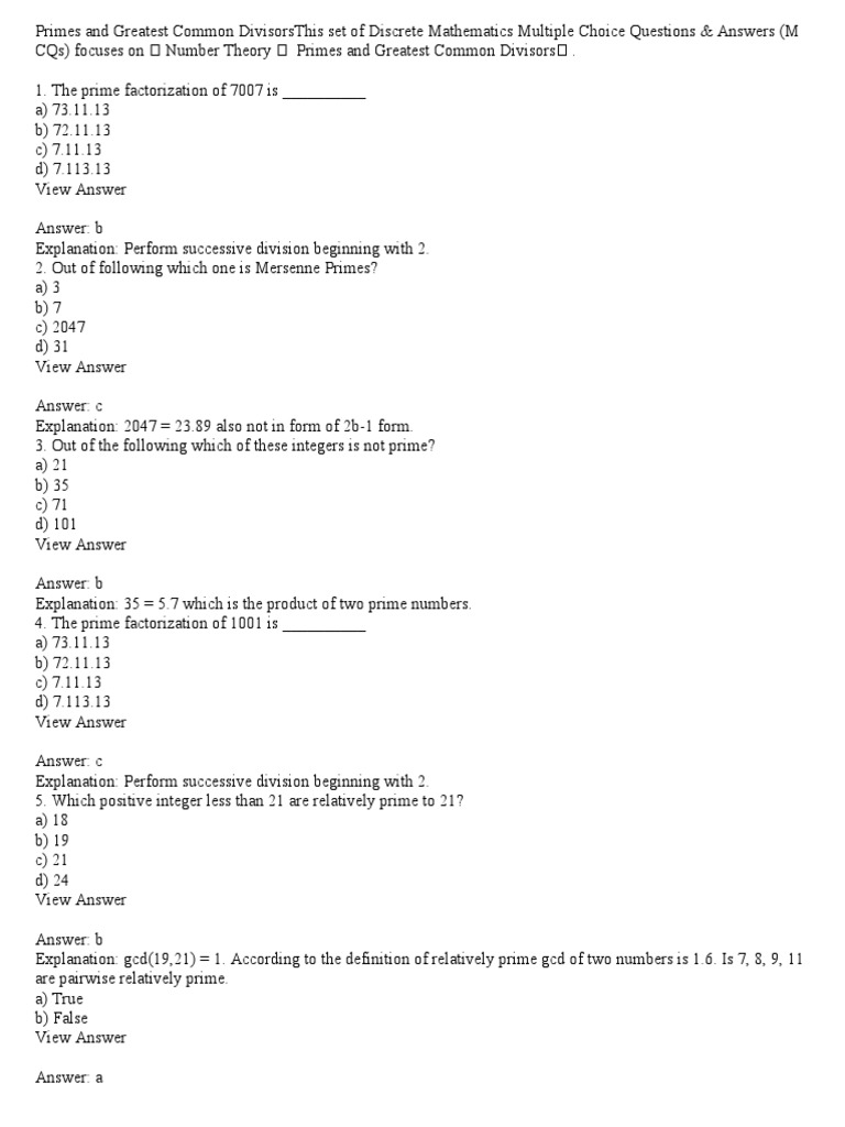 Primes and GCD MCQs for Number Theory | PDF | Science & Mathematics ...
