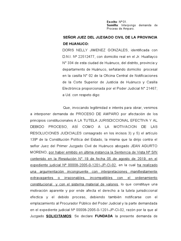 Demanda de Acción de Amparo Contra Resolucion Judicial DORIS JIMENEZ ...