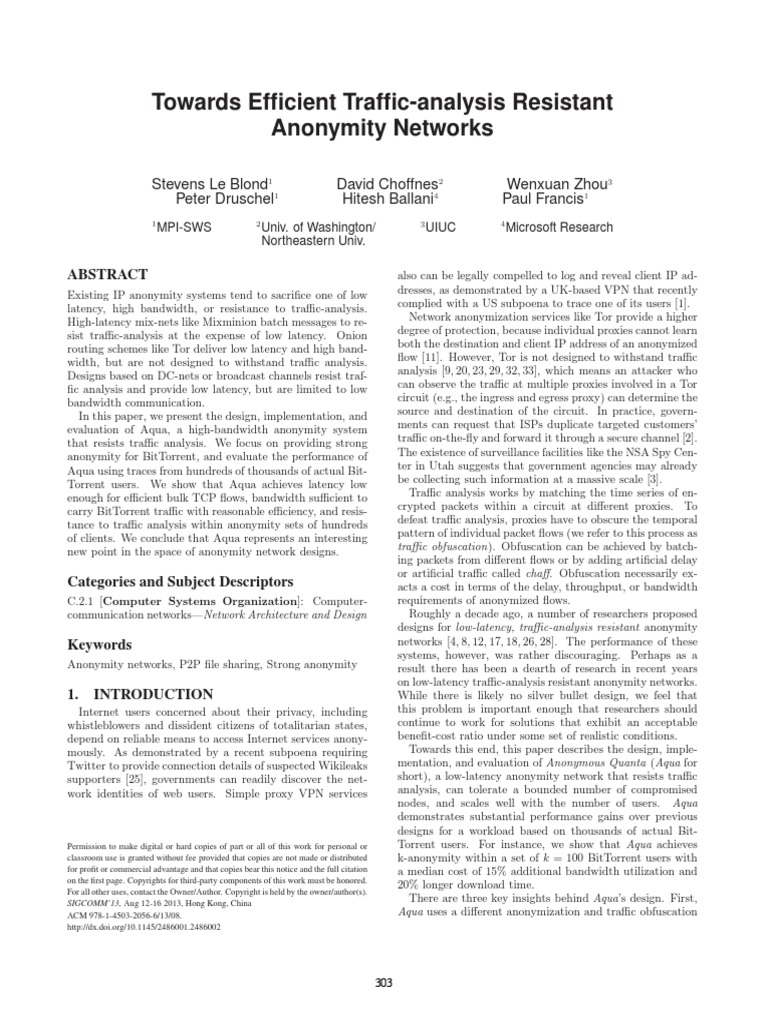 Towards Efficient Traffic Analysis Resistant Anonymity Networks Pdf Peer To Peer Tor