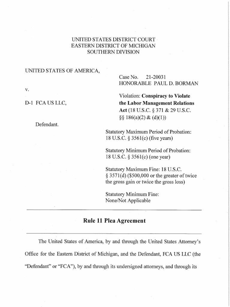 FCA US LLC, Plea Agreement Final With Updated Cover Sheet | PDF ...