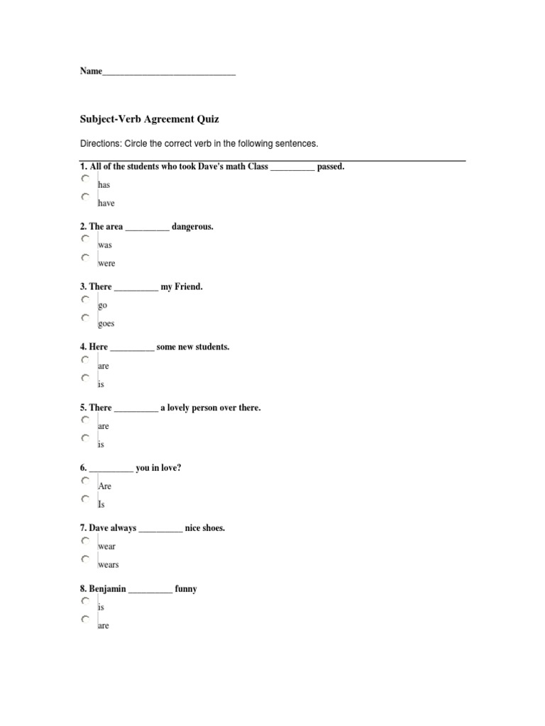 Subject Verb Agreement Quiz | PDF | Violence