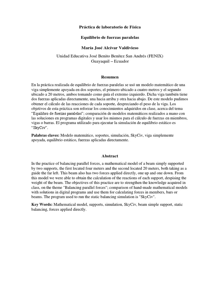 Práctica de Laboratorio (Fuerzas Paralelas) - Ma. José Alcívar | PDF | Vector Euclidiano | Fuerza