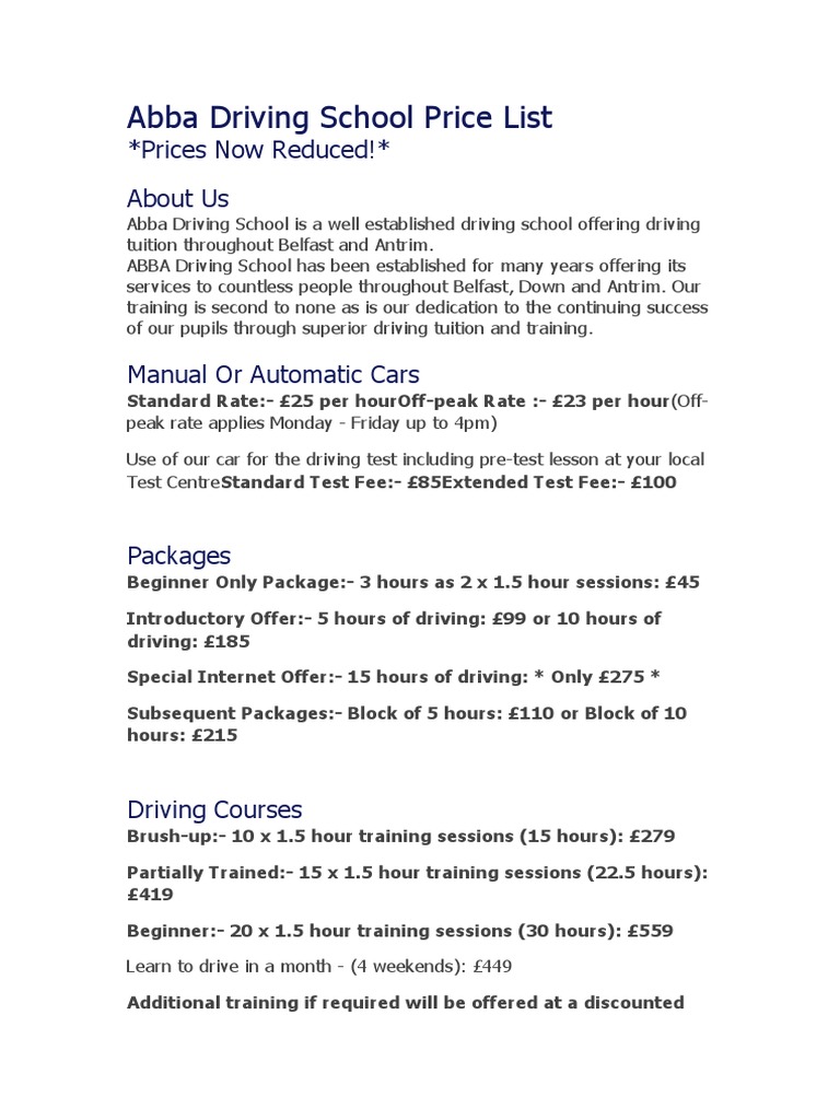 Abba Driving School Price List | PDF | Vehicles