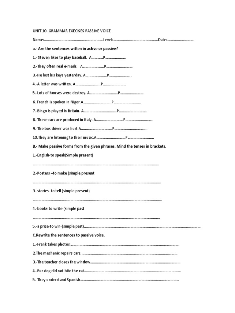 UNIT 10. Grammar Exercises Passive Voice | PDF
