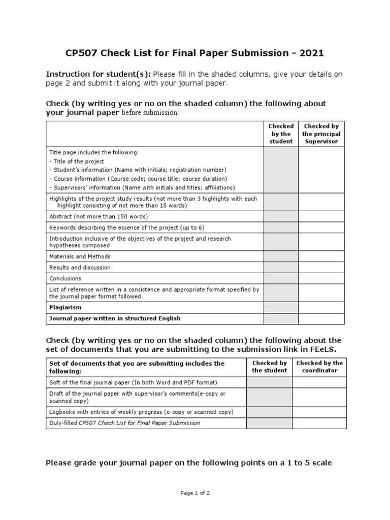 CP507 - CheckList For Final Report Submission - 2021 | PDF | Communication