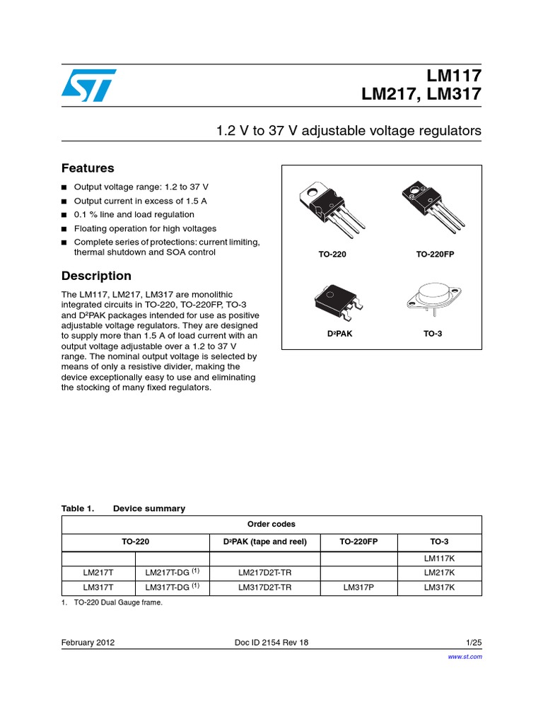 LM117 LM217, LM317: 1.2 V To 37 V Adjustable Voltage Regulators | PDF