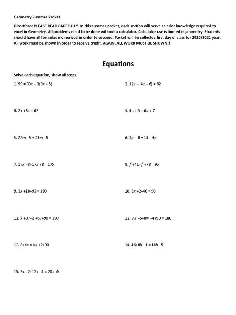 Geometry Summer Packet | PDF | Area | Elementary Geometry