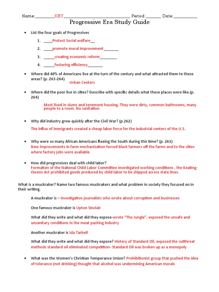 Progressive Era Study Guide KEY | PDF | Muckraker | Theodore Roosevelt