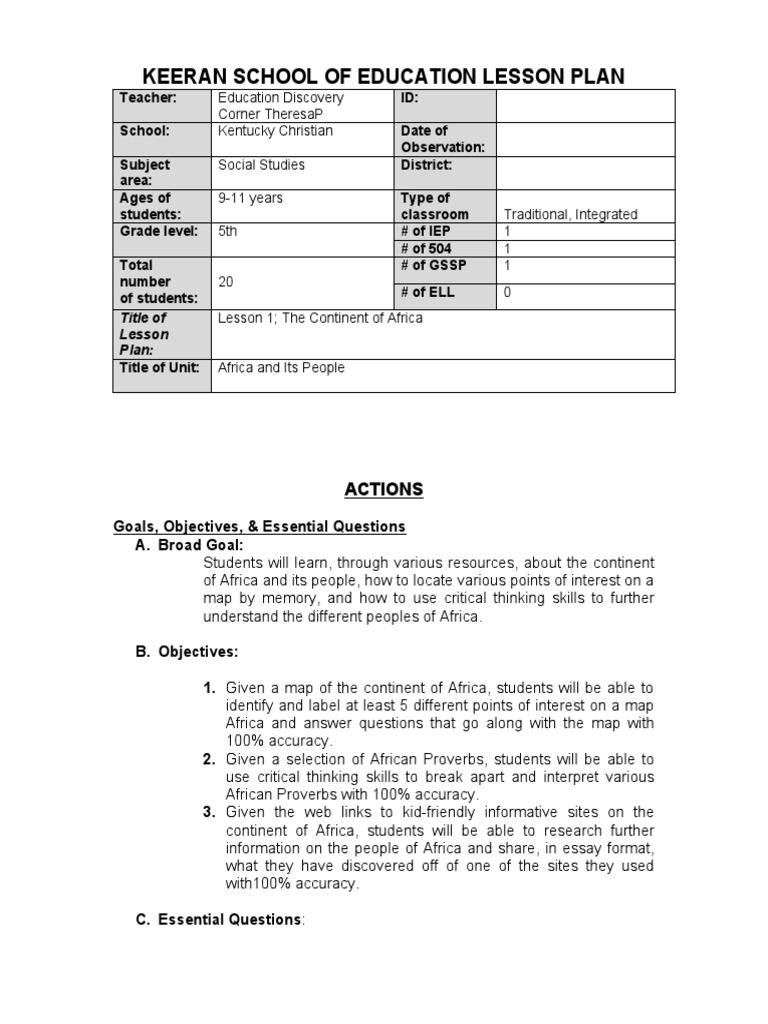 Lesson Plan On The Continent of Africa | PDF | Lesson Plan | Idea