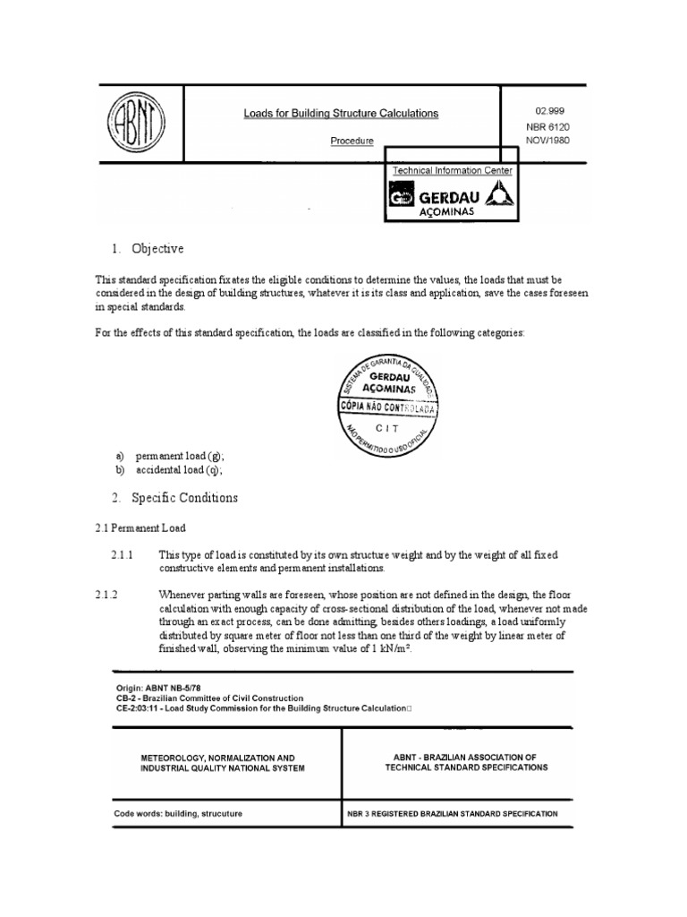 NBR 6120 - Loads For Building Structure Calculations | PDF | Weight ...