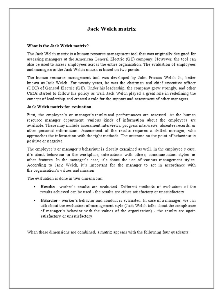 Jack Welch Performance Evaluation Matrix | PDF | Evaluation | Leadership