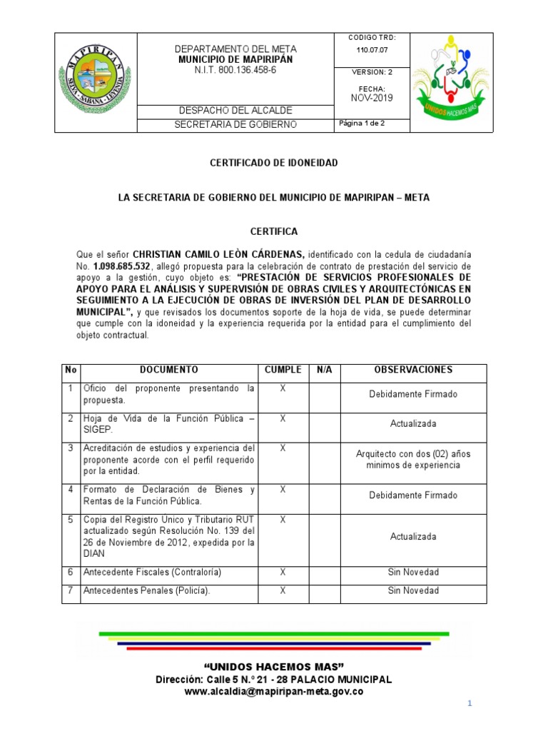 Certificado de Idoneidad Definitivo Yeison Lopez | PDF | Gobierno