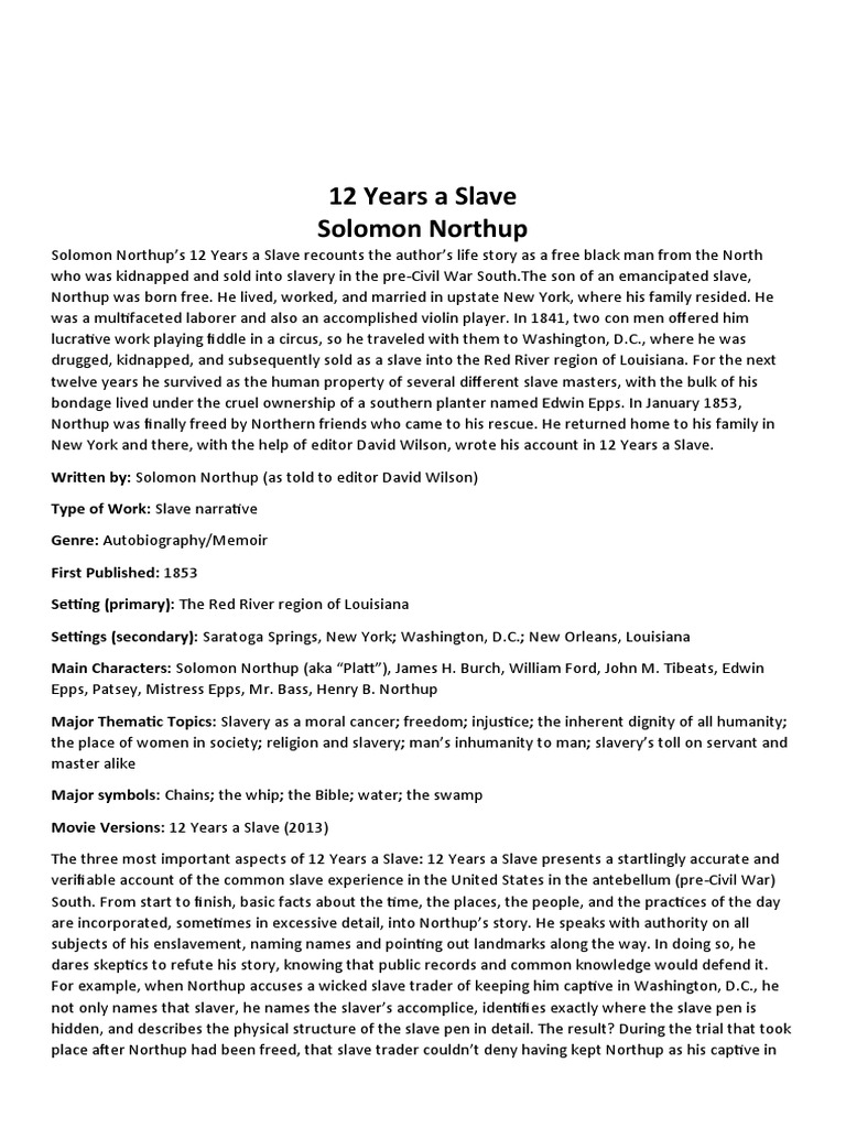 12 Years A Slave Analysis | PDF | Twelve Years A Slave | Solomon Northup