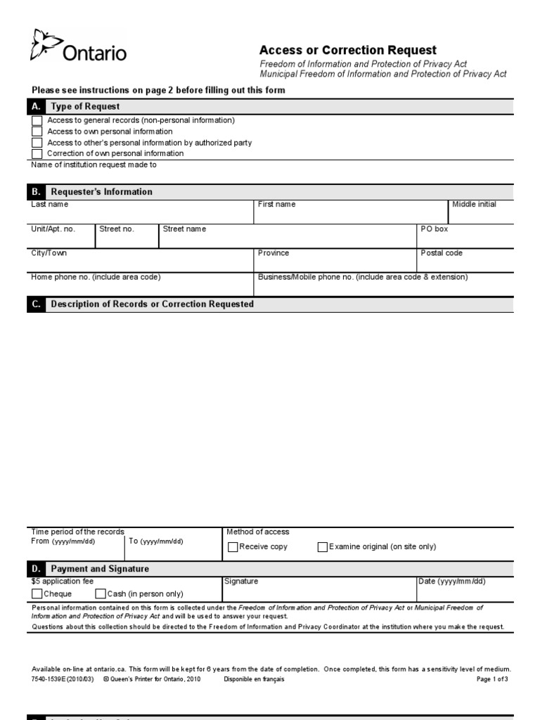 Ontario FOI Form | Personally Identifiable Information | Payments ...