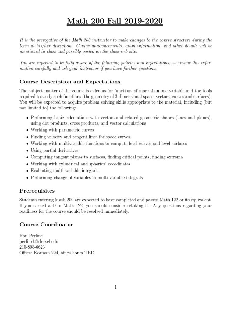 MATH 200 Syllabus | PDF | Curve | Vector Space
