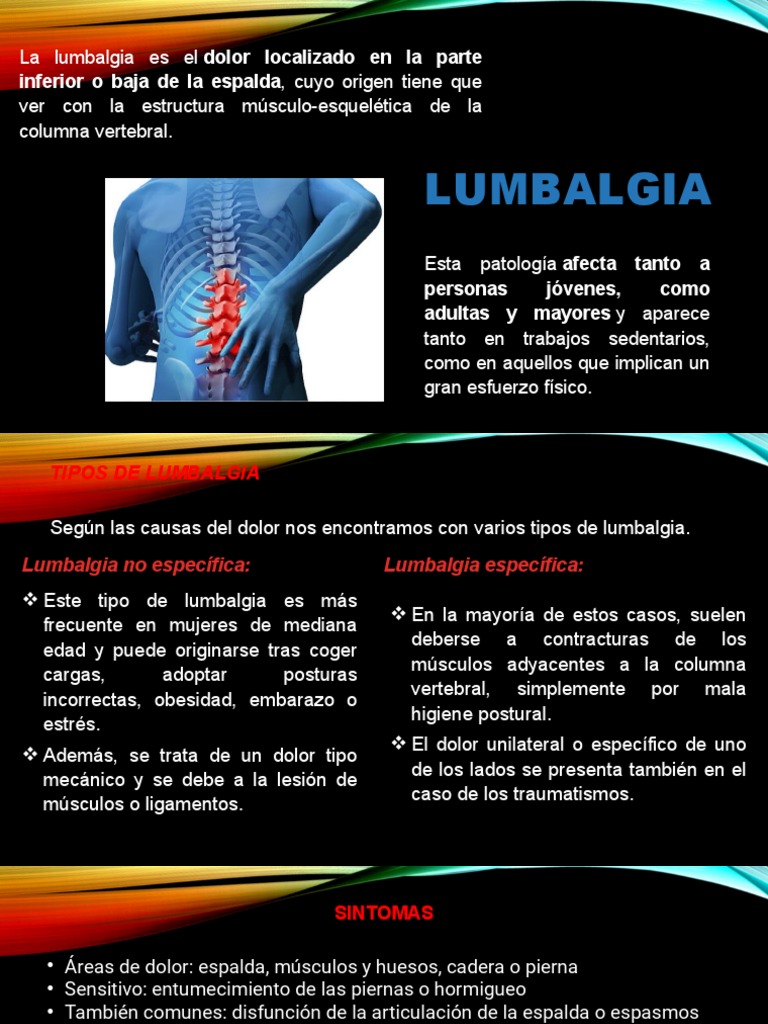 Diapositivas LUMBALGIA | PDF | Dolor lumbar | Especialidades Medicas