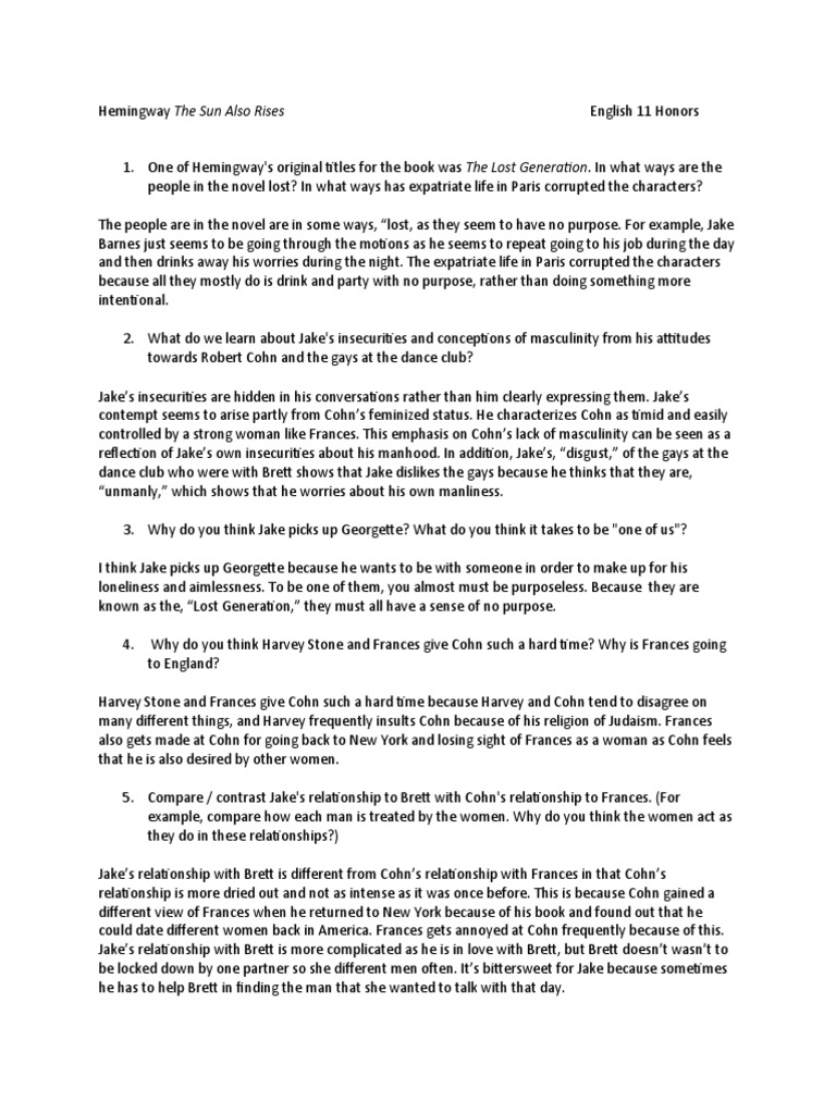 The Sun Also Rises Discussion Questions | PDF | General Fiction | History