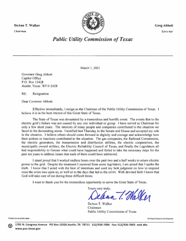 PUC Chairman DeAnn Walker's Resignation Letter | PDF
