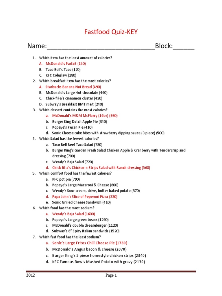 Fast Food Nutrition Quiz Key | PDF | Salad | Hamburgers