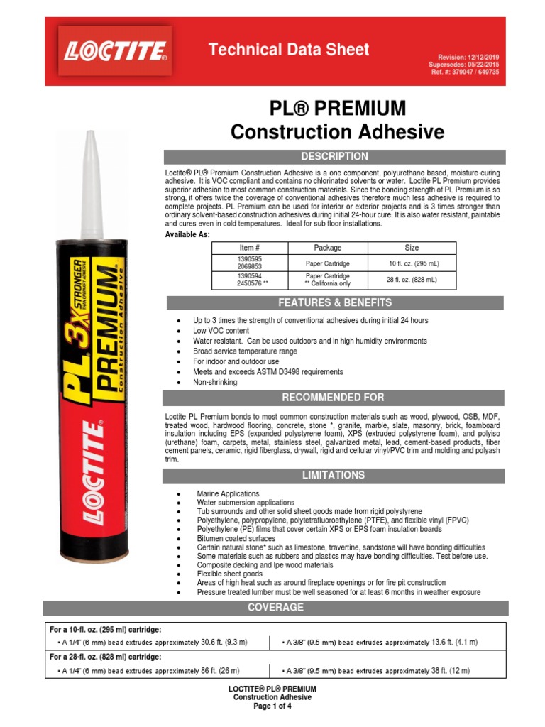 PL® Premium Construction Adhesive: Technical Data Sheet | PDF ...