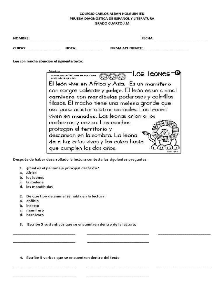 Prueba Diagnóstica de Español | PDF | Artes del Lenguaje y Comunicación