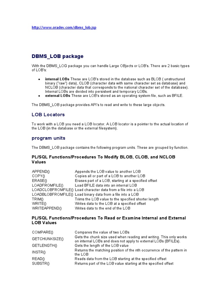 Dbms Lob | PDF | Pl/Sql | Databases Dbms Lob | PDF | Pl/Sql | Databases