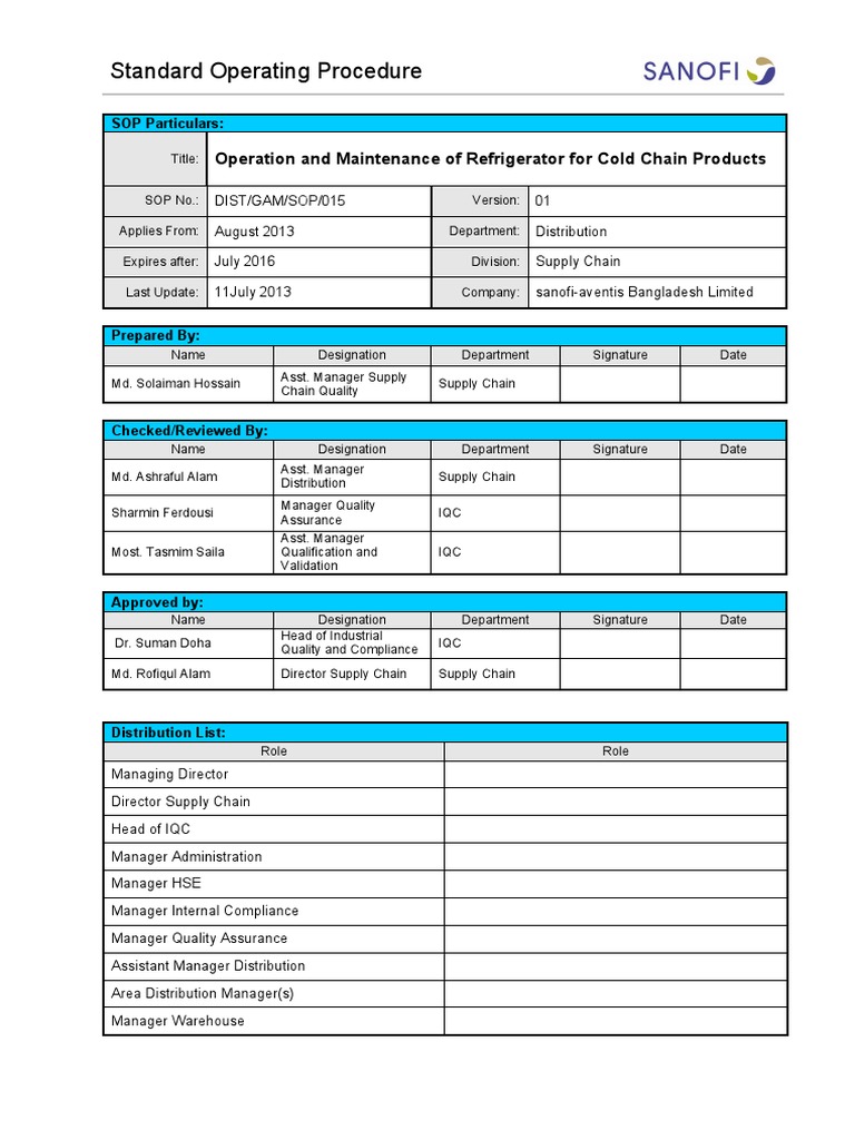 Refrigerator SOP for Cold Chain Use | PDF | Refrigerator | Temperature