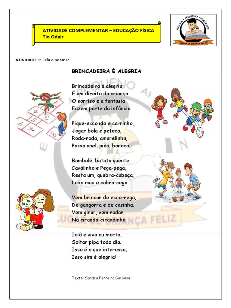 ATIVIDADE COMPLEMENTAR - BRINCADEIRAS - TIO ODAIR - 6° Ao 8º | PDF