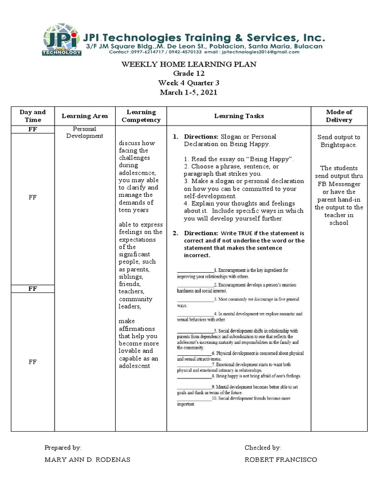 Weekly Home Learning Plan Grade 12 Week 4 Quarter 3 March 1-5, 2021 ...