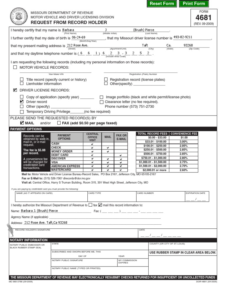 Request From Record Holder: Missouri Department of Revenue Motor ...
